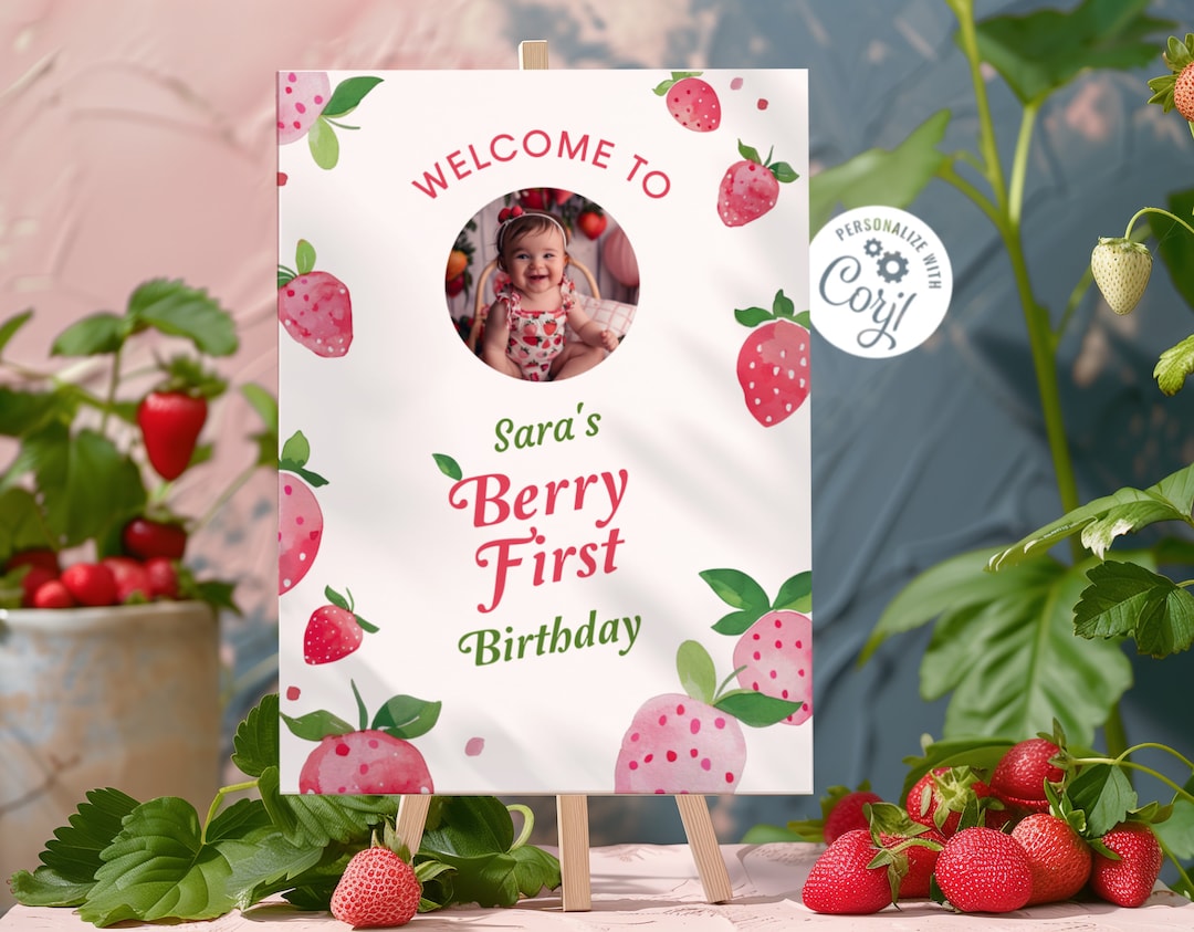 Berry First Birthday Welcome Sign Template, Red Pink Baby Birthday ...