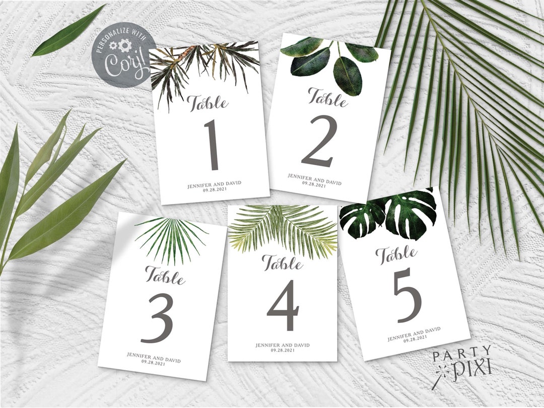 Tropical Wedding Table Numbers Template Set, Printable Monstera Fern ...