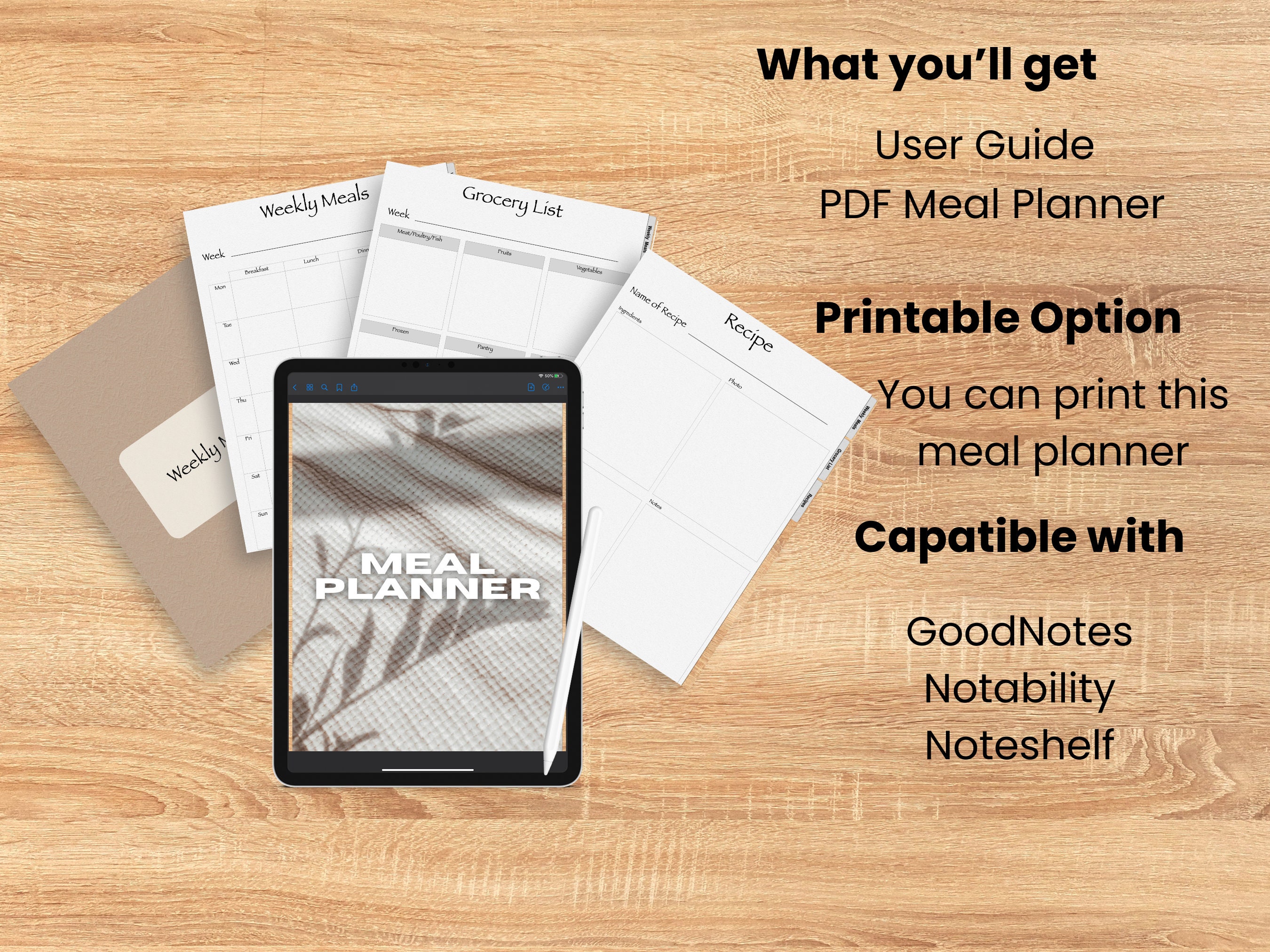 Meal Planner, Grocery List and Recipes Digital Planner for Ipads ...