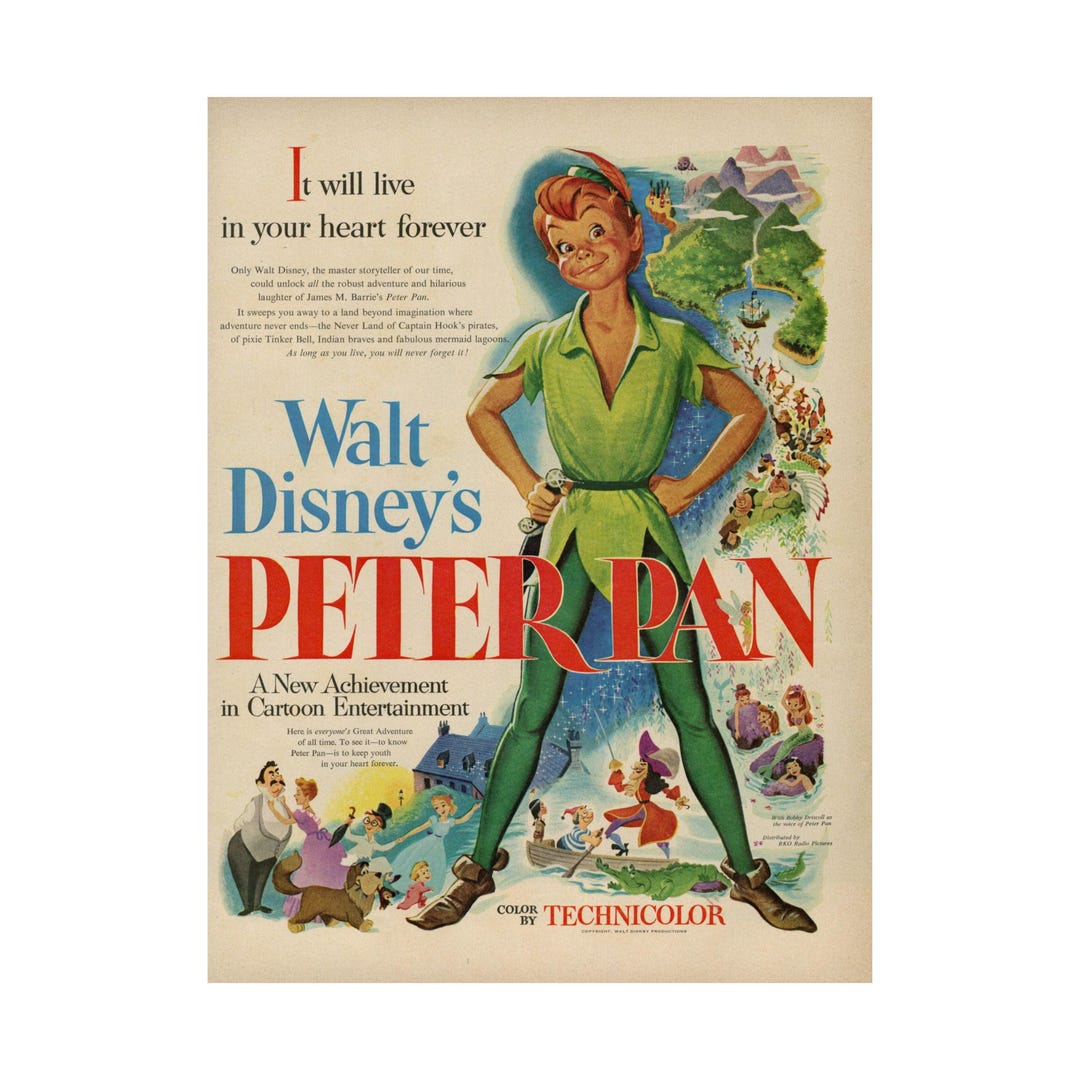Peter Pan Movie Poster Walt Disney Classic Film Ad Advertising Print ...