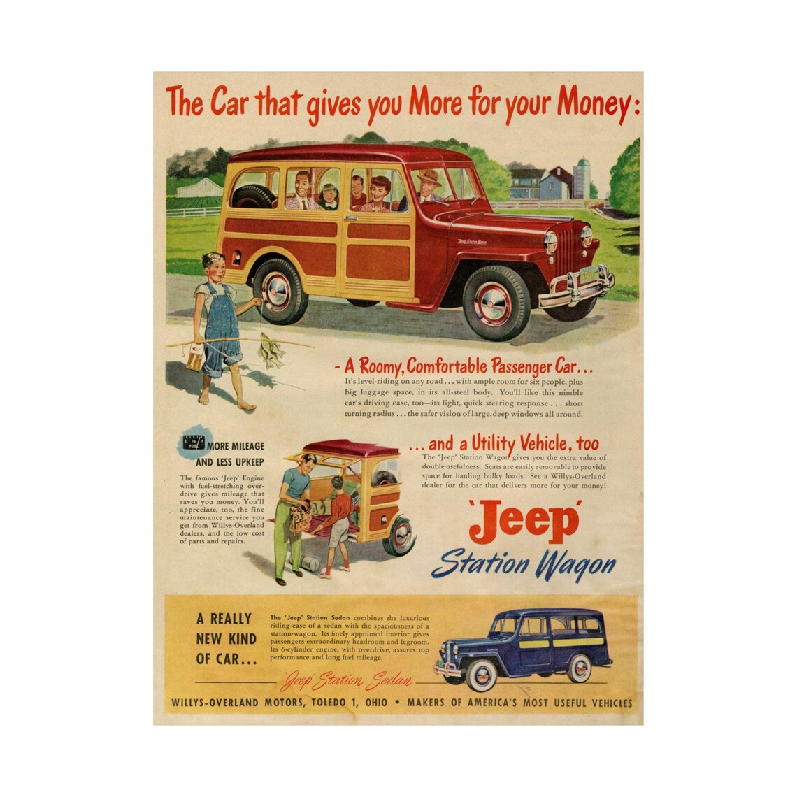 Vintage Jeep Poster 1940s Ad Print Art SUV 4x4 Mid Century Modern Wall ...