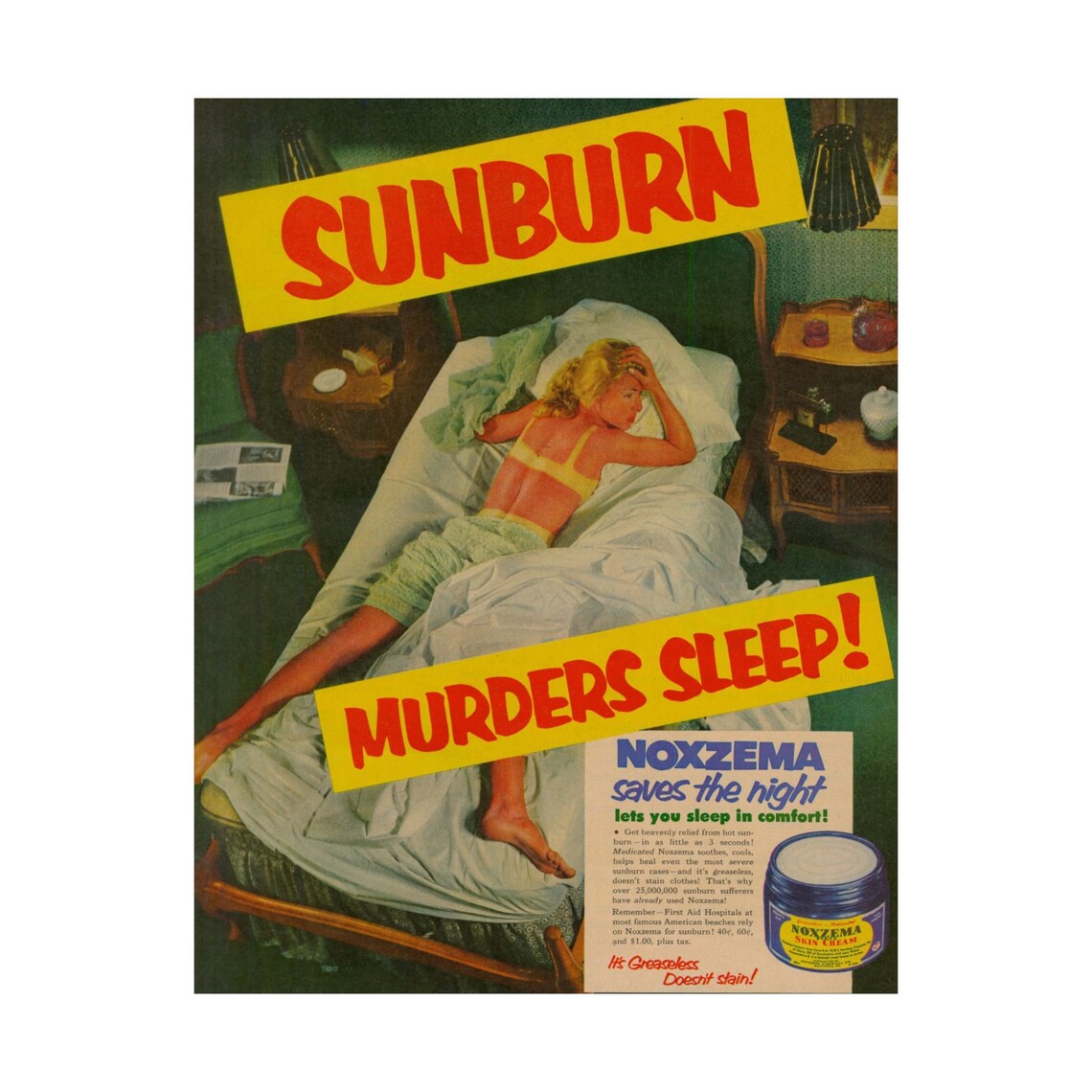 Vintage Sunburn Noxzema Beach Poster Bathroom Decor Print Wall Art Mid ...