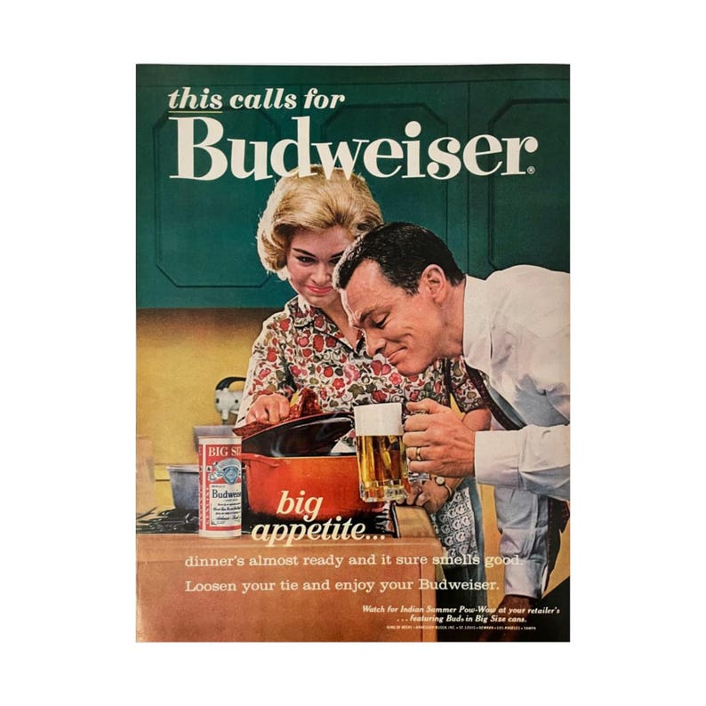 Budweiser Beer Poster Sign Print Wall Art Alcohol Mid Century 1960s Ad ...