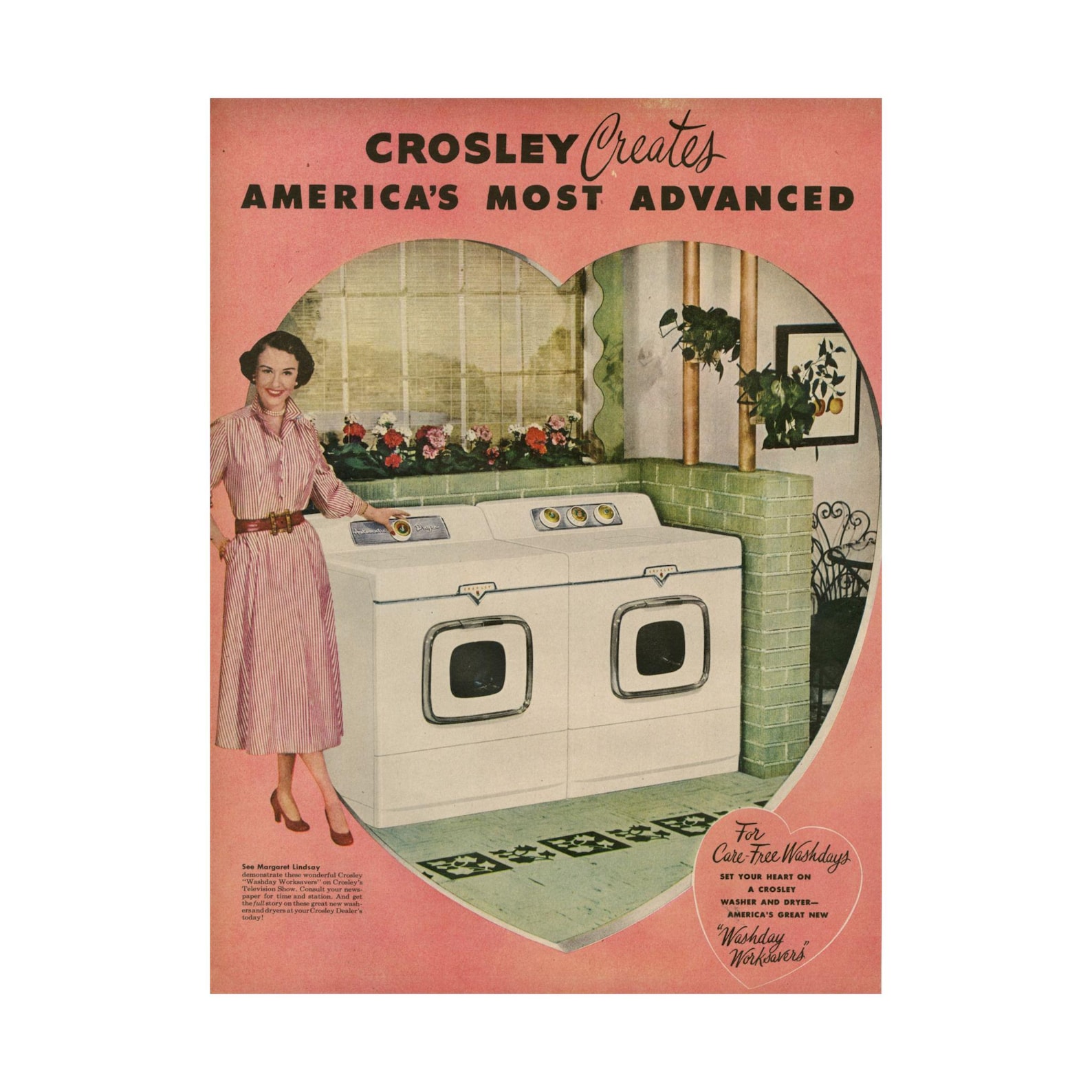 Vintage Crosley Laundry Washing Machine Washer Dryer Ad Poster Feminine ...