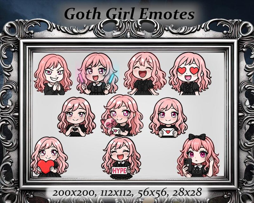 Goth Girl Twitch Emote 10 Emotes (12.2) - Anime Emote, PINK Hair, PINK ...