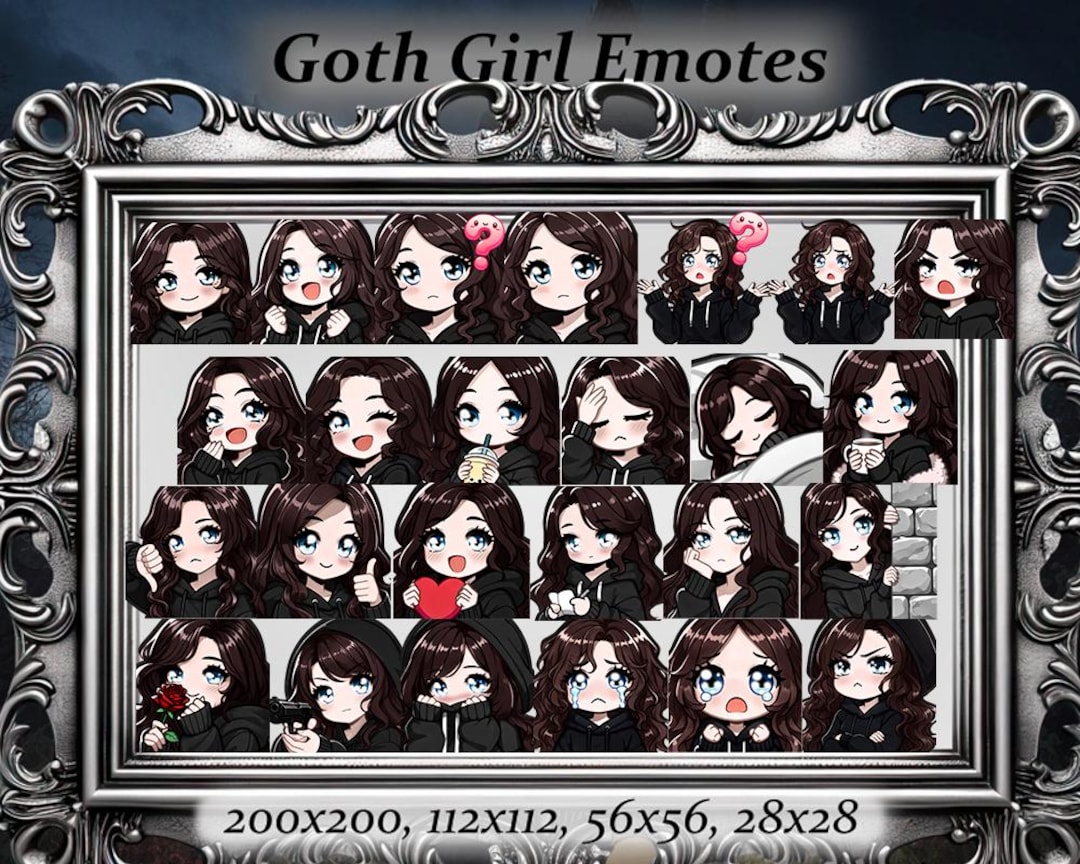 Goth Girl Twitch Emote 25 Emotes Set (9) - Anime Emote, Brown Hair ...