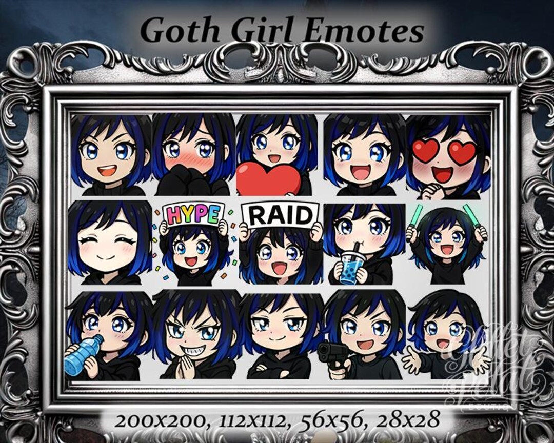 Goth Girl Twitch Emote 15 Emotes Set (10.1) - Anime Emote, BLUE Hair ...