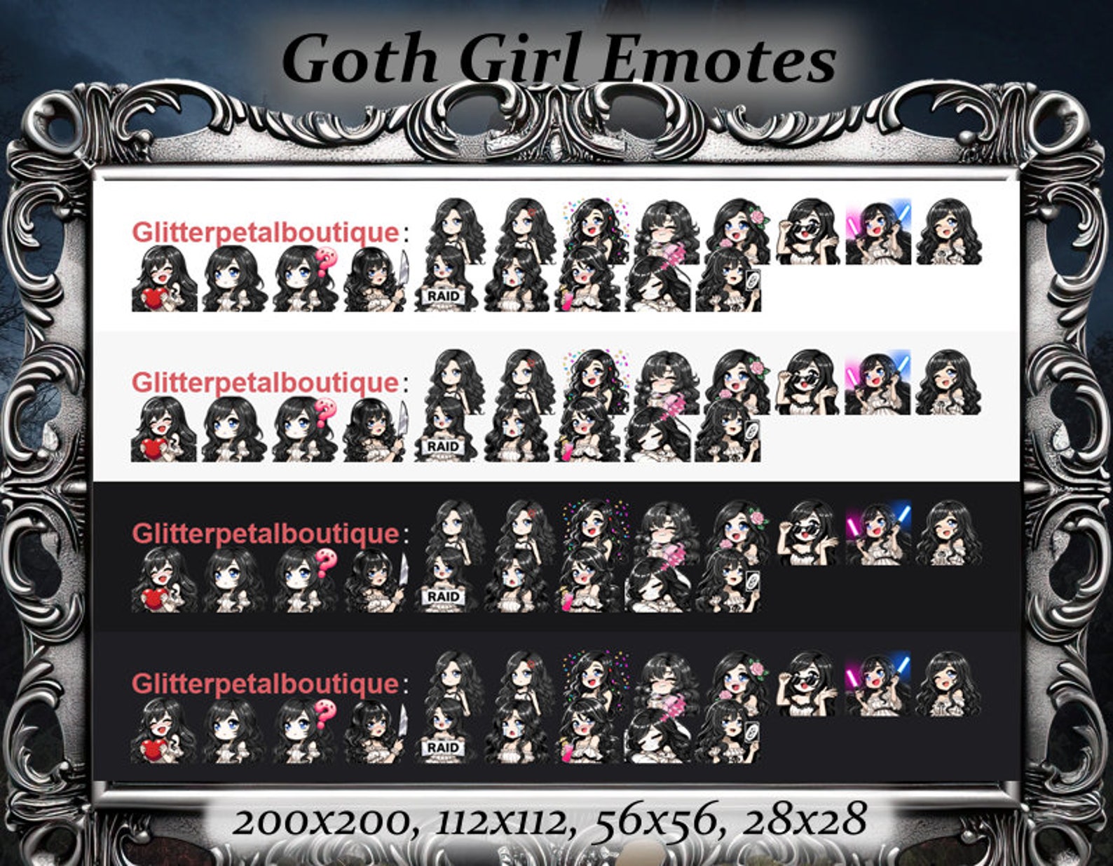 Goth Girl Twitch Emote 15 Emotes Set (0.5) - Anime Emote, Black Hair ...