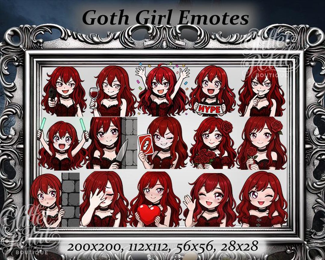 Goth Girl Twitch Emotes – Anime Redhead Emote Pack, RED Hair, RED Eyes ...