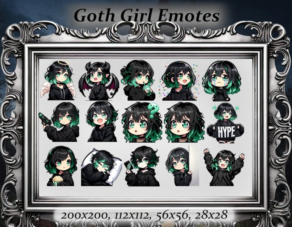 Goth Girl Twitch Emote 15 Emotes Set (0.2) - Anime Emote, Green Hair ...