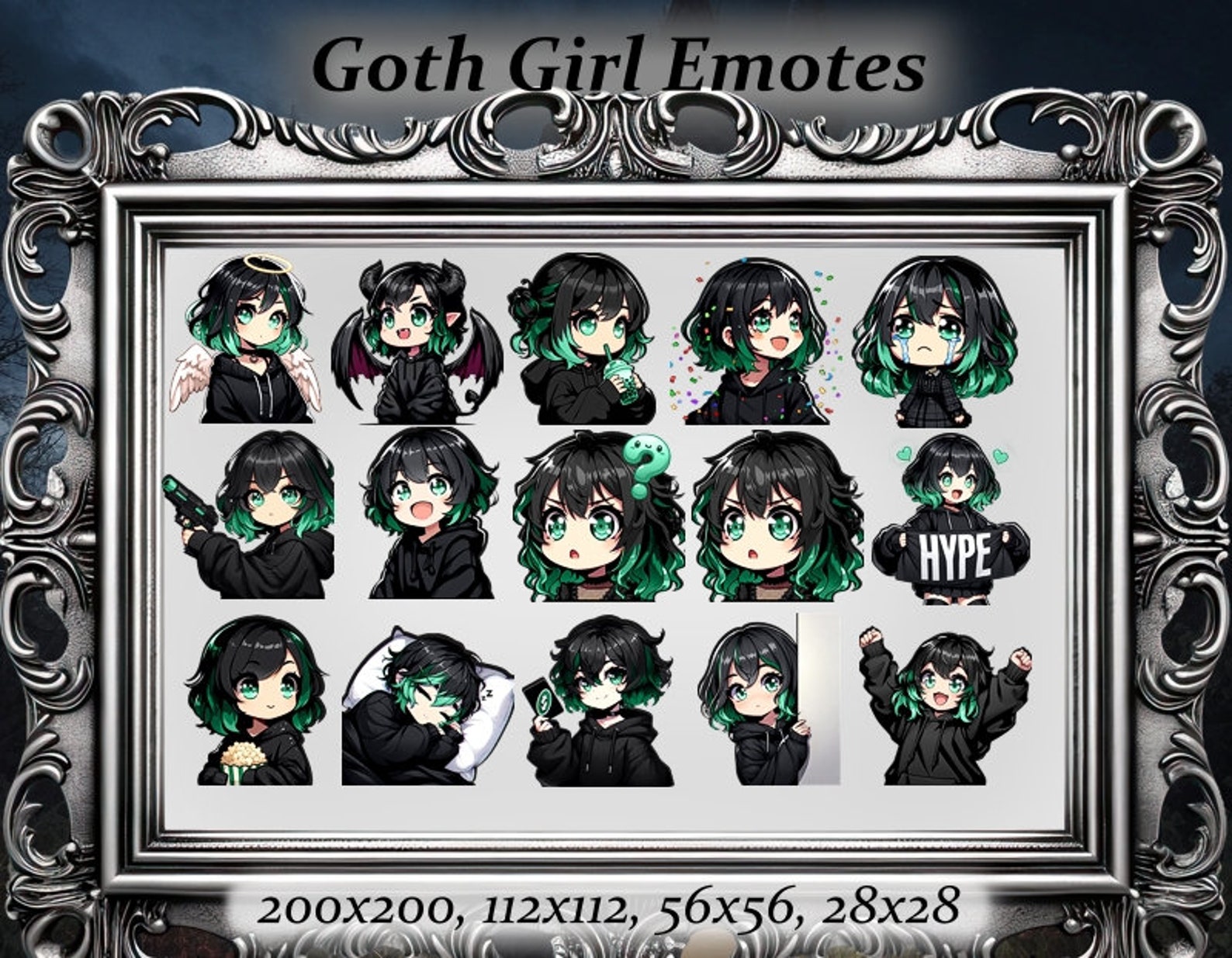Goth Girl Twitch Emote 15 Emotes Set (2) - Anime Emote, Green Hair ...