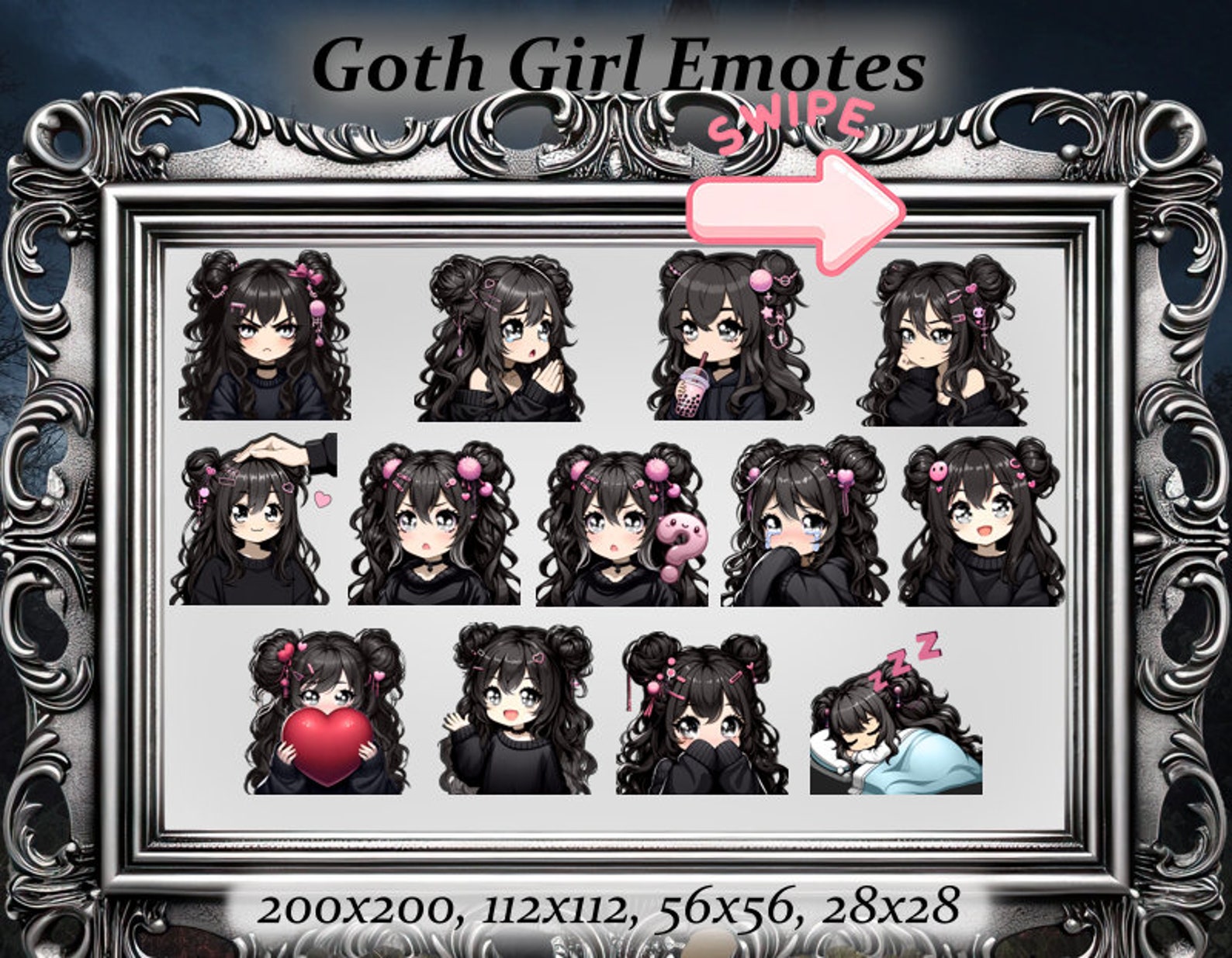 Goth Girl Twitch Emote 15 Emotes Set (1) - Anime Emote, Black Hair,alt ...