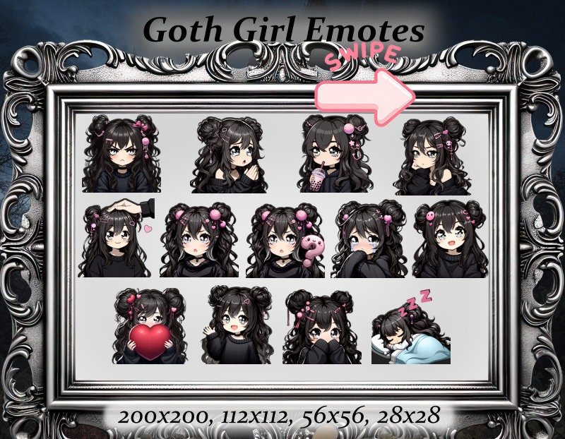 Goth Girl Twitch Emote 15 Emotes Set (1) - Anime Emote, Black Hair,alt ...