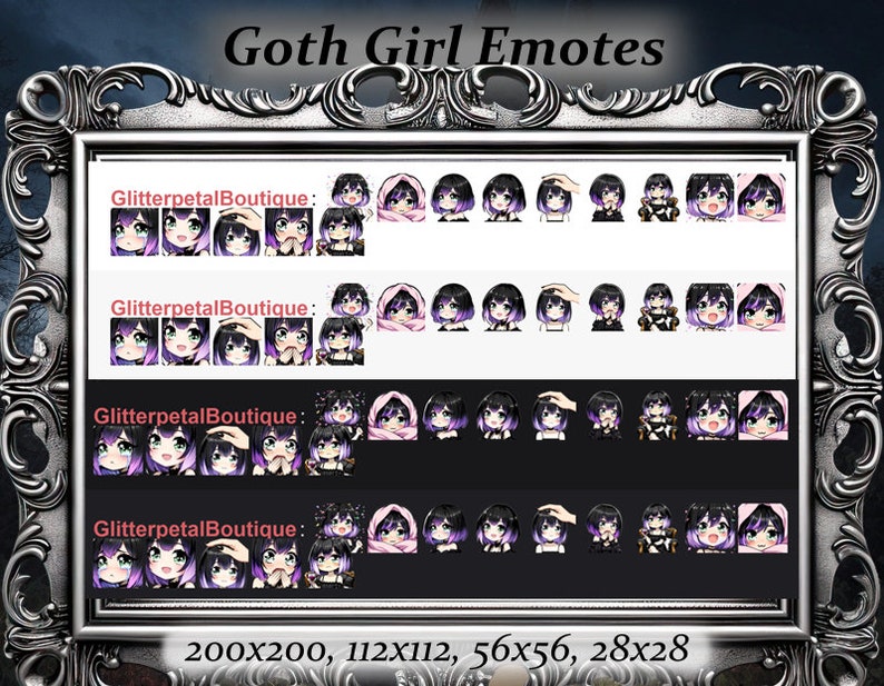 Goth Girl Twitch Emote 7 Emotes Set (4.1) - Anime Emote, Purple Hair ...