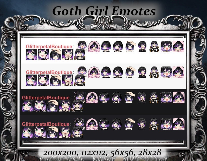 Goth Girl Twitch Emote 7 Emotes Set (4.1) - Anime Emote, Purple Hair ...