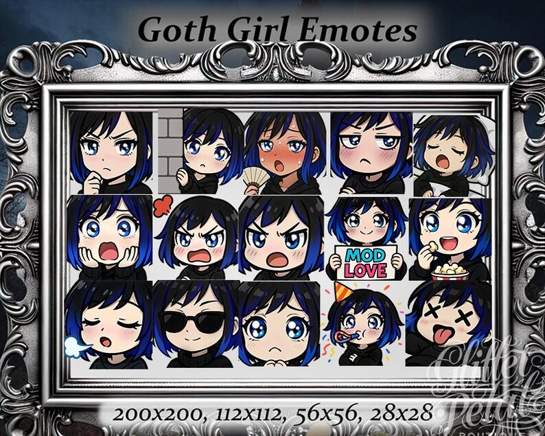 Goth Girl Twitch Emote 15 Emotes (10.2) - Anime Emote, BLUE Hair, BLUE ...