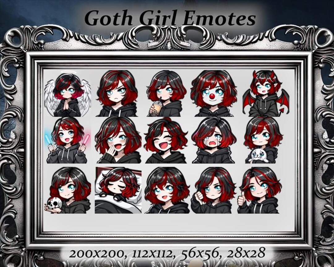 Goth Girl Twitch Emote 15 Emotes Set (6.1.1) - Anime Emote, Red Hair ...