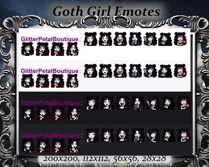 Goth Girl Twitch Emotes SET 11 – Black Hair, Blue Eyes, Purple Strands ...