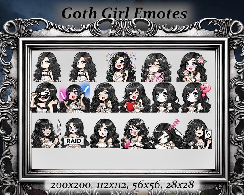Goth Girl Twitch Emote 15 Emotes Set (0.5) - Anime Emote, Black Hair ...