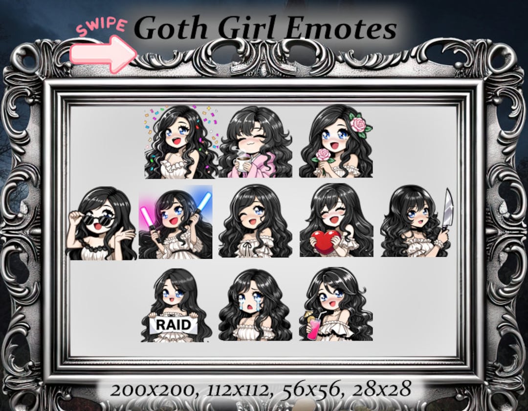Goth Girl Twitch Emote 15 Emotes Set 5 Anime Emote, Black Hair,alt Girl ...