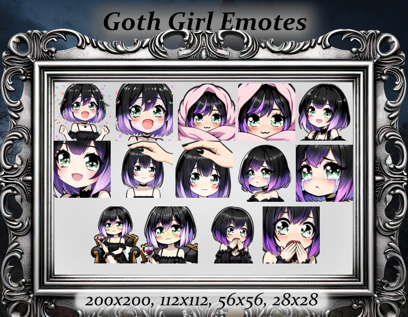 Goth Girl Twitch Emote 7 Emotes Set (4.1) - Anime Emote, Purple Hair ...