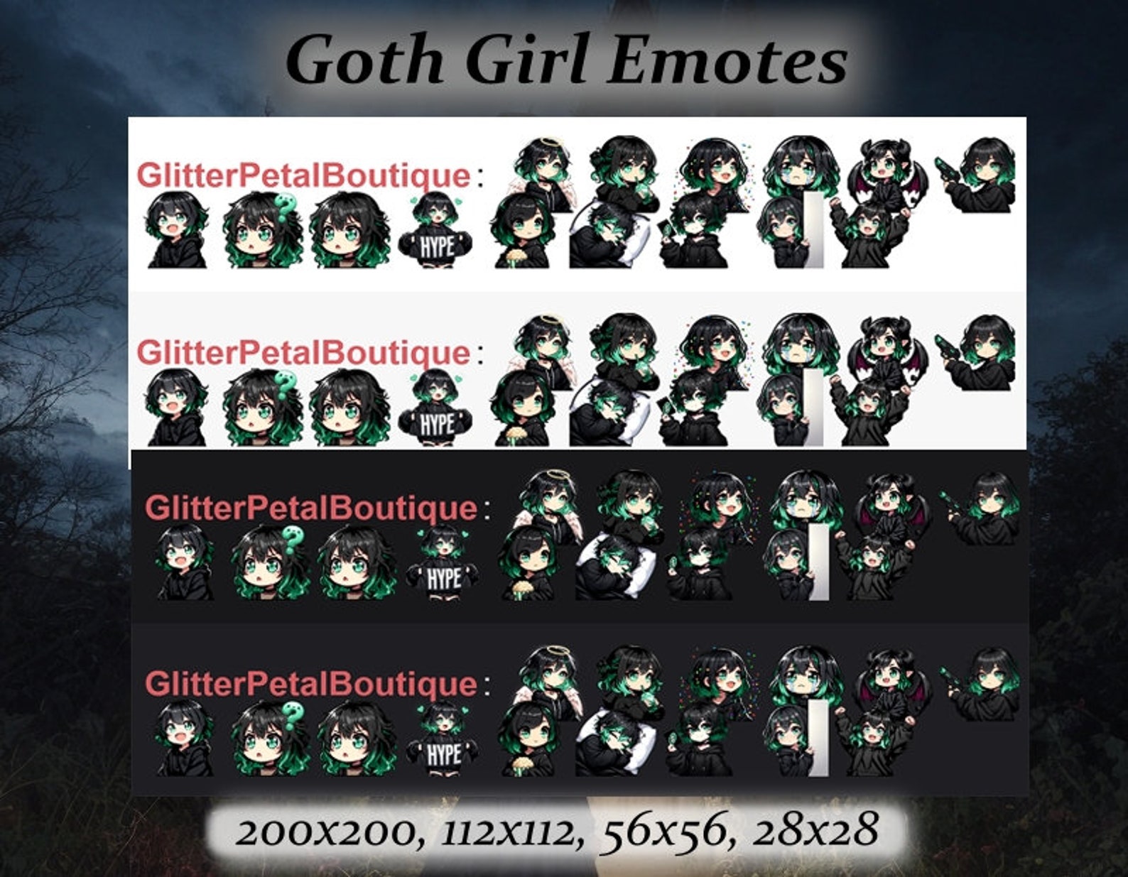 Goth Girl Twitch Emote 15 Emotes Set 3 Anime Emote, Green Hair ...