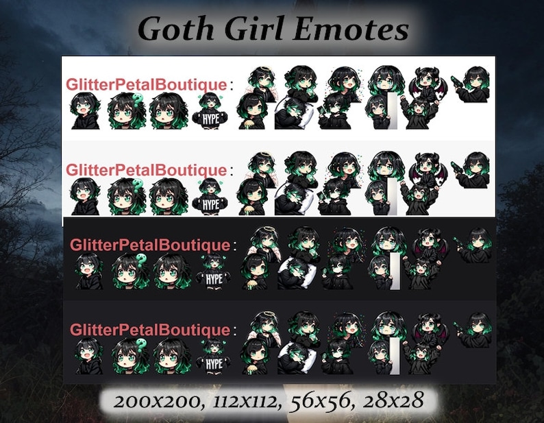 Goth Girl Twitch Emote 15 Emotes Set 3 Anime Emote, Green Hair ...