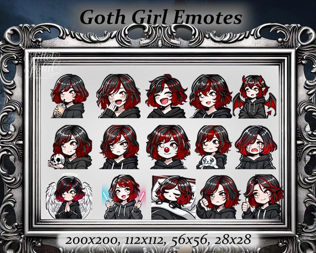 Goth Girl Twitch Emote 15 Emotes Set (6.1.2) - Anime Emote, Red Hair ...