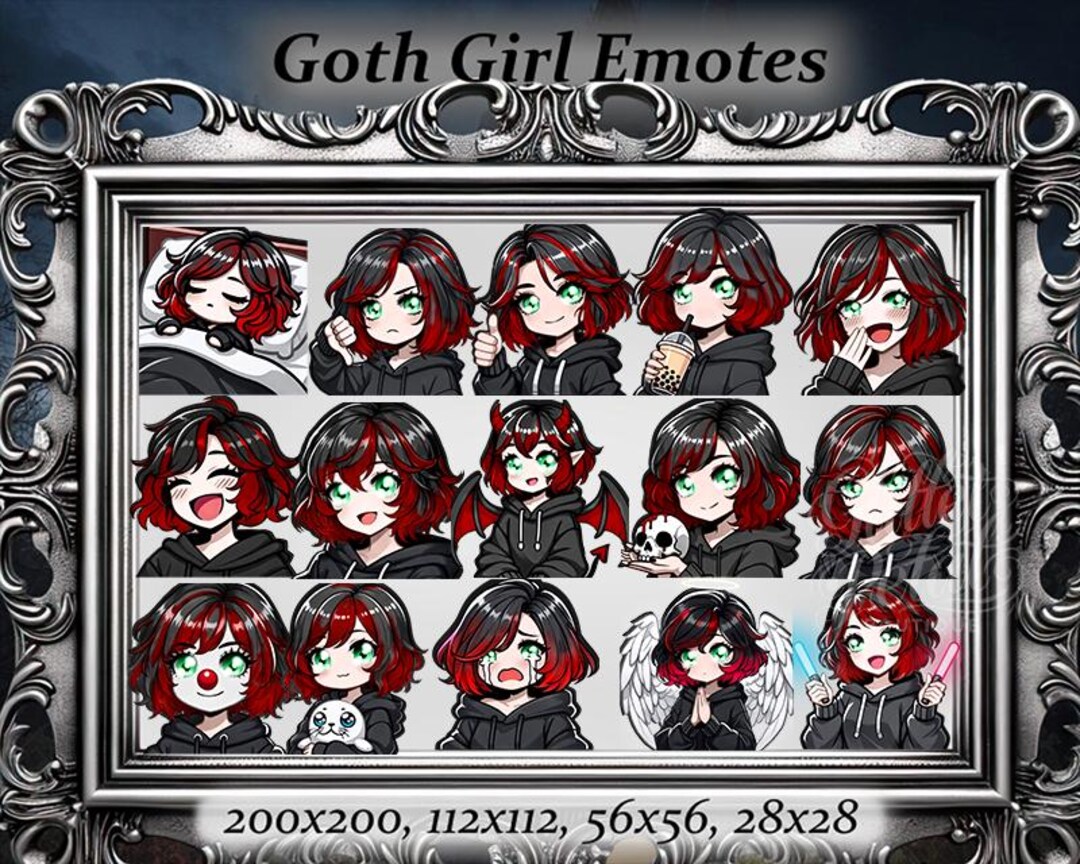 Goth Girl Twitch Emote 15 Emotes Set (6.1.3) - Anime Emote, Red Hair ...