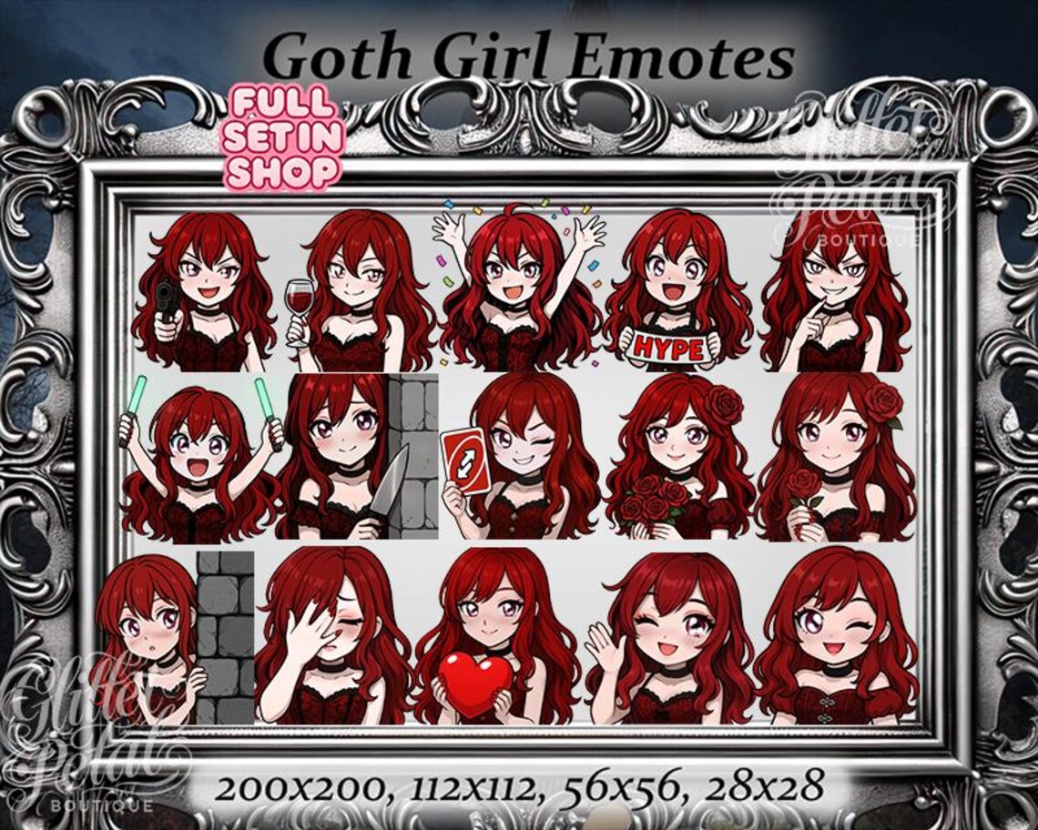 Goth Girl Twitch Emote - Red Hair, Pink Eyes, Heart Emote, Alt Girl ...