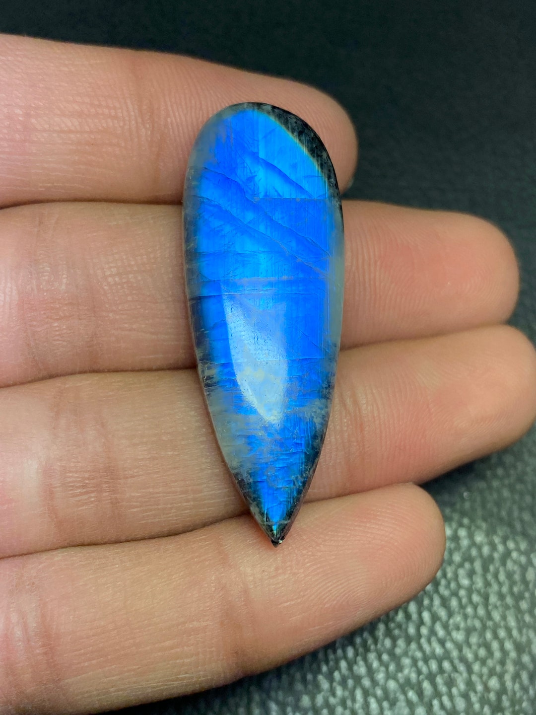 Blue Flashy Rainbow Moonstone Cabochon – Pear Loose Gemstone (16.50x44 ...