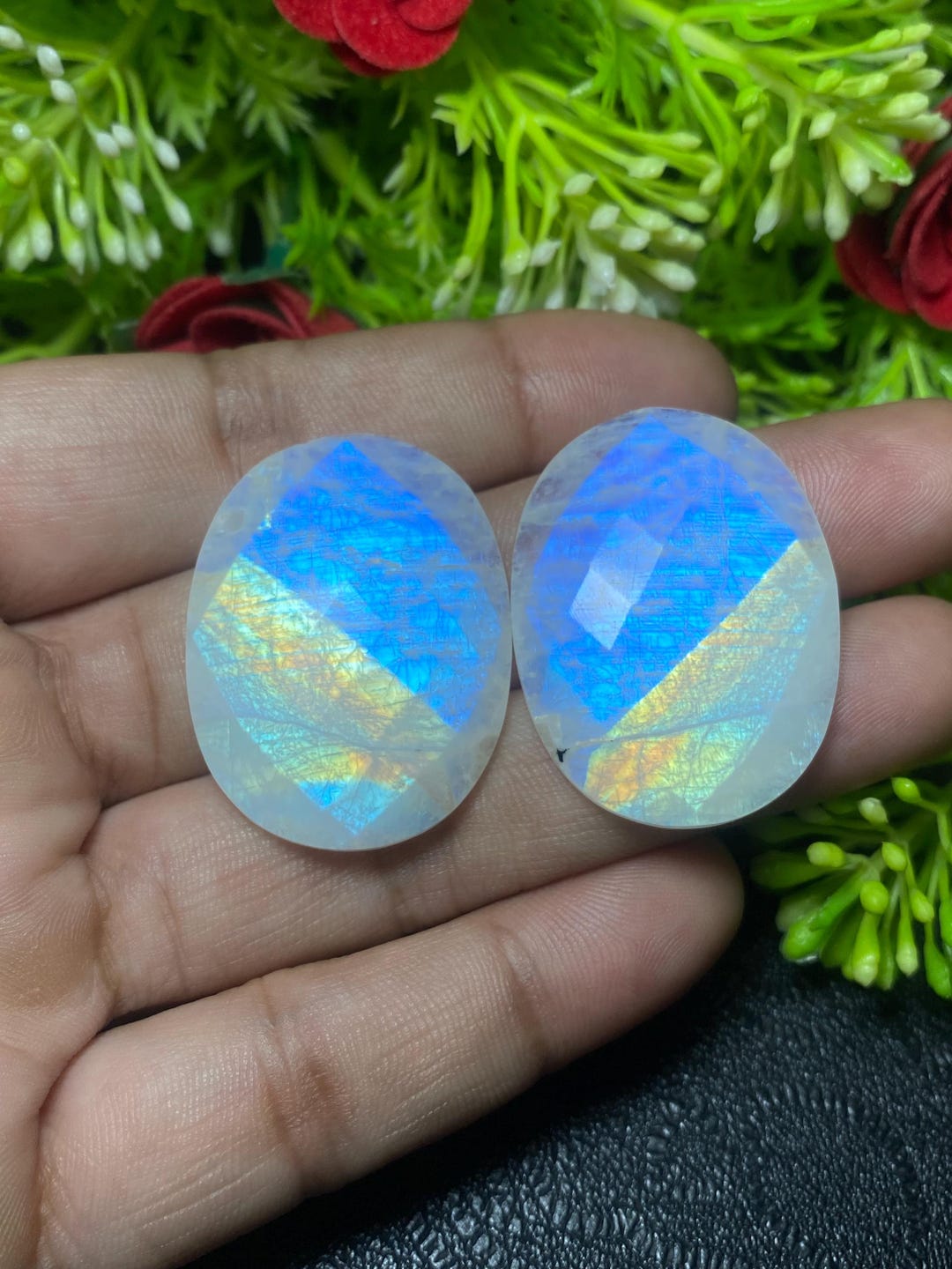 Designer Multi Fire Rainbow Moonstone One Side Checker Cut Oval Shape ...