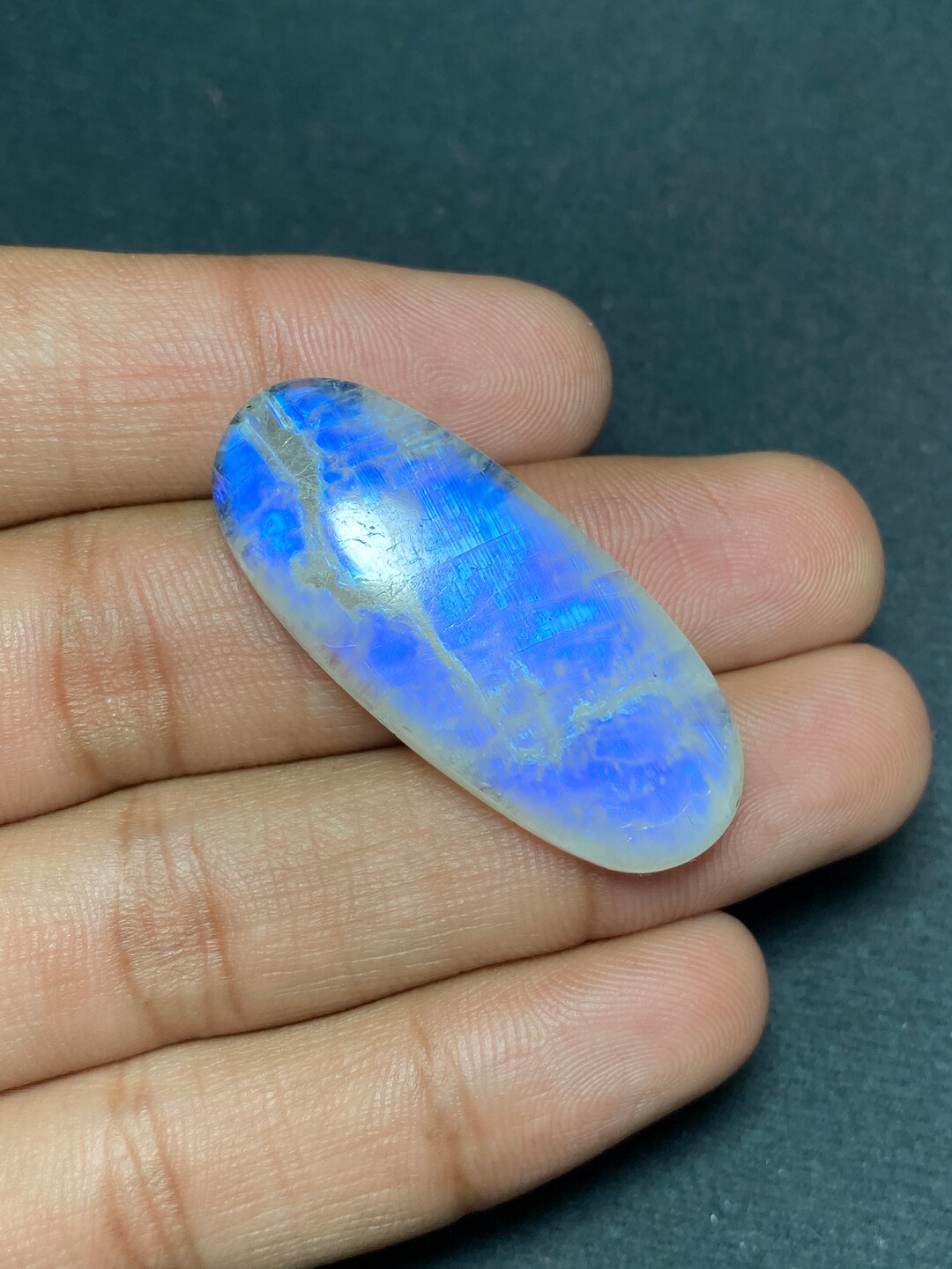 Amazing Blue Flashy Rainbow Moonstone Cabochon Size- 17.50x40.50x6.50 ...
