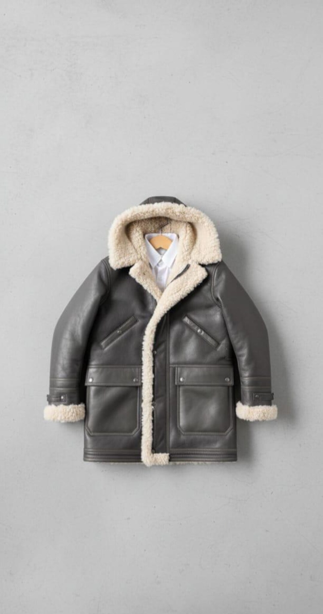Men Gray Shearling Leather Jacket | Hooded Winter Coat | Button Front ...