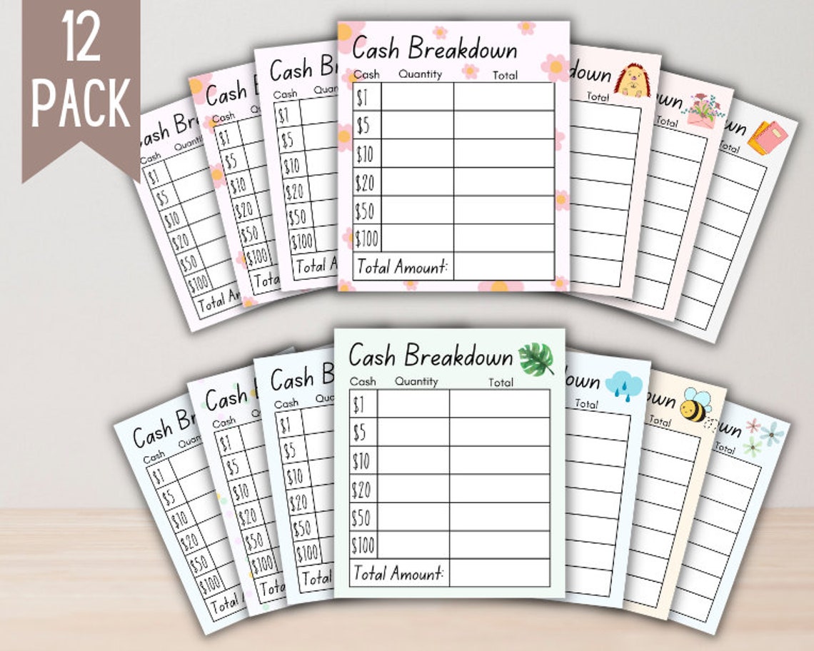 Printable Cash Breakdown Slips 12 Pack | Teller Slips | Spring & Summer ...