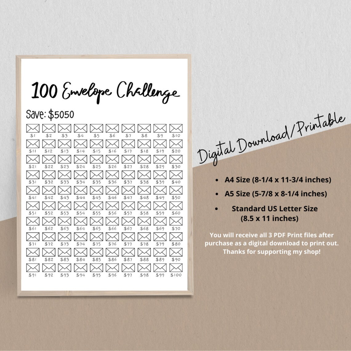 Printable 100 Envelope Challenge Savings Tracker 5050 Dollars - Etsy