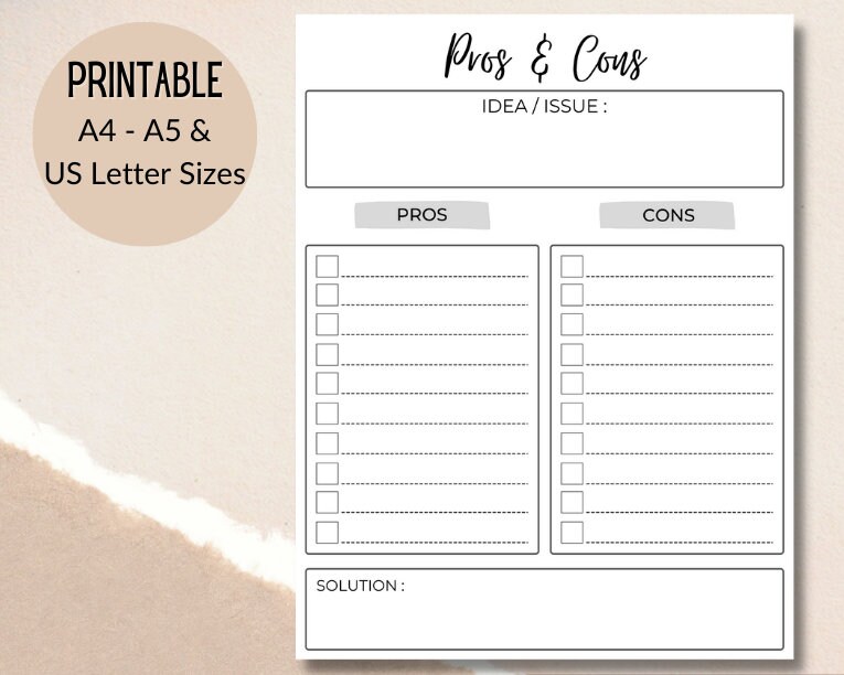 Pros and Cons List Printable Planner Pages Daily Planner Problem ...