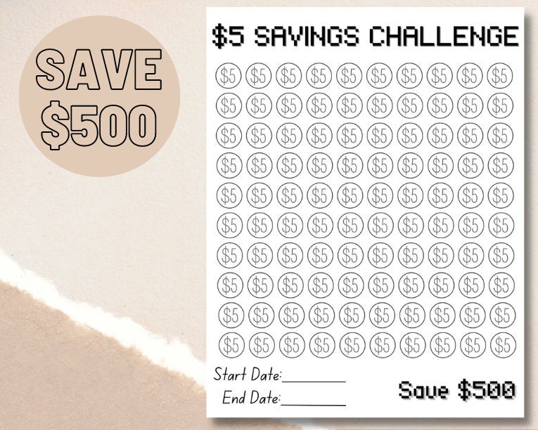 Printable 5 Dollar Savings Challenge, 500 Dollar Savings, Savings Goal ...