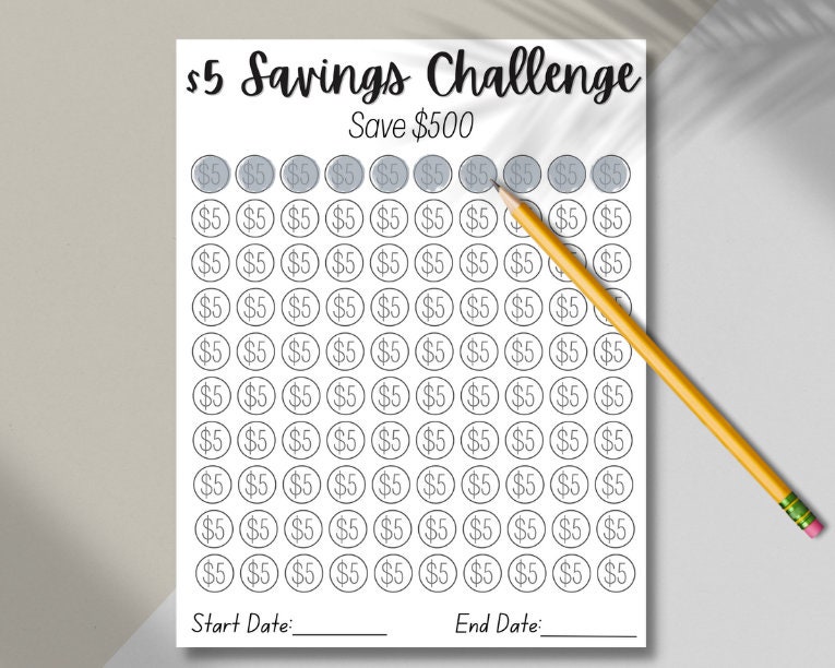 Printable 5 Dollar Savings Challenge, 500 Dollar Savings, Savings Goal ...