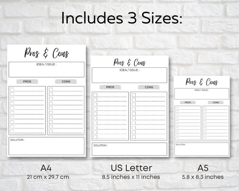 Pros and Cons List Printable Planner Pages Daily Planner Problem ...