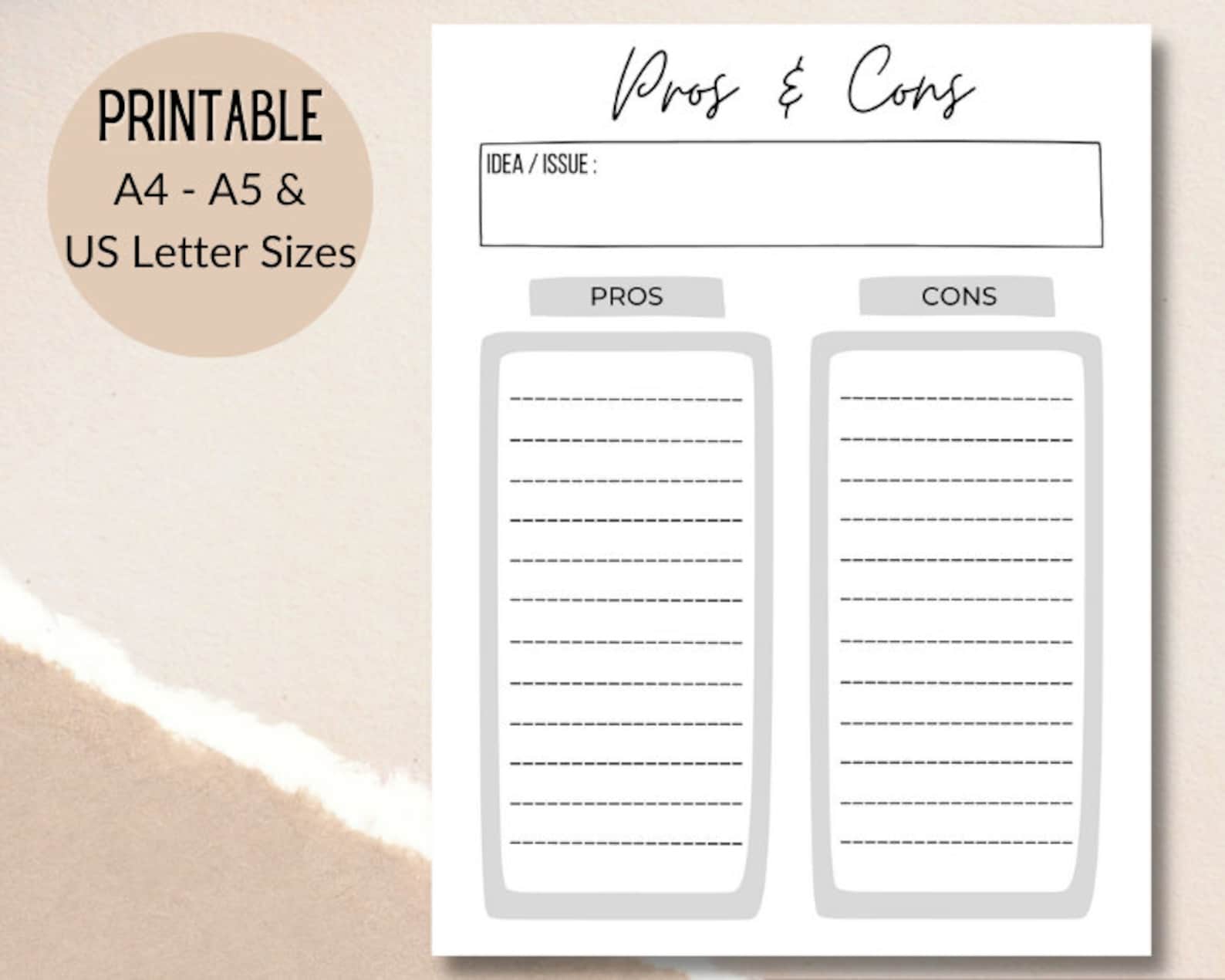 Pros and Cons List Printable Planner Pages Daily Planner Problem ...