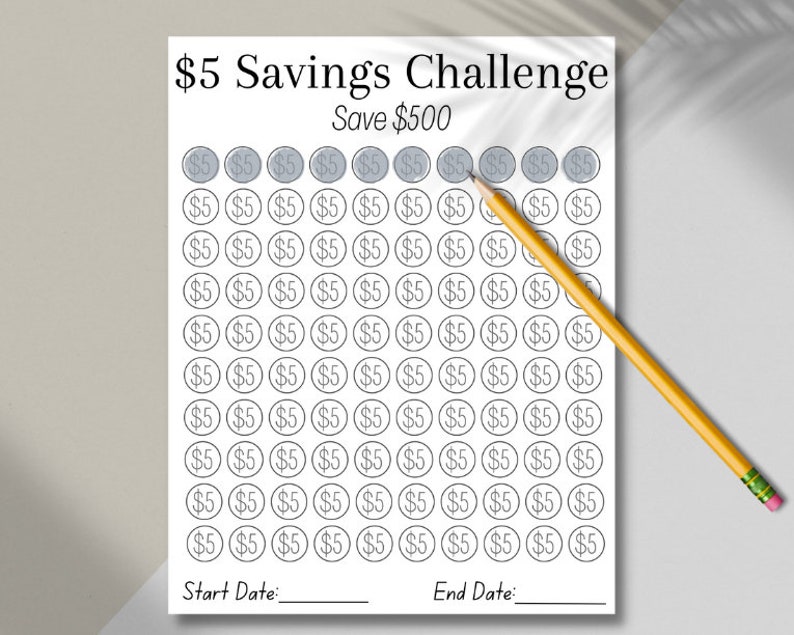 Printable 5 Dollar Savings Challenge, 500 Dollar Savings, Savings Goal ...
