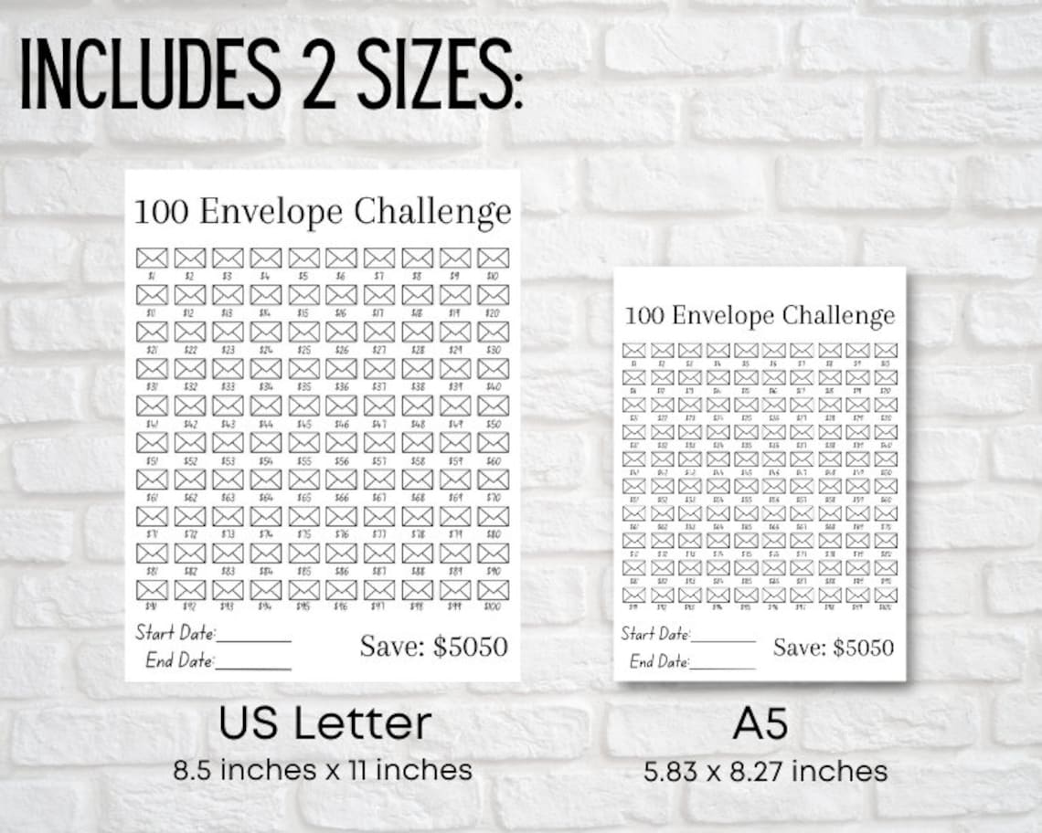 Printable 100 Envelope Challenge Savings Tracker 5050 Dollars - Etsy