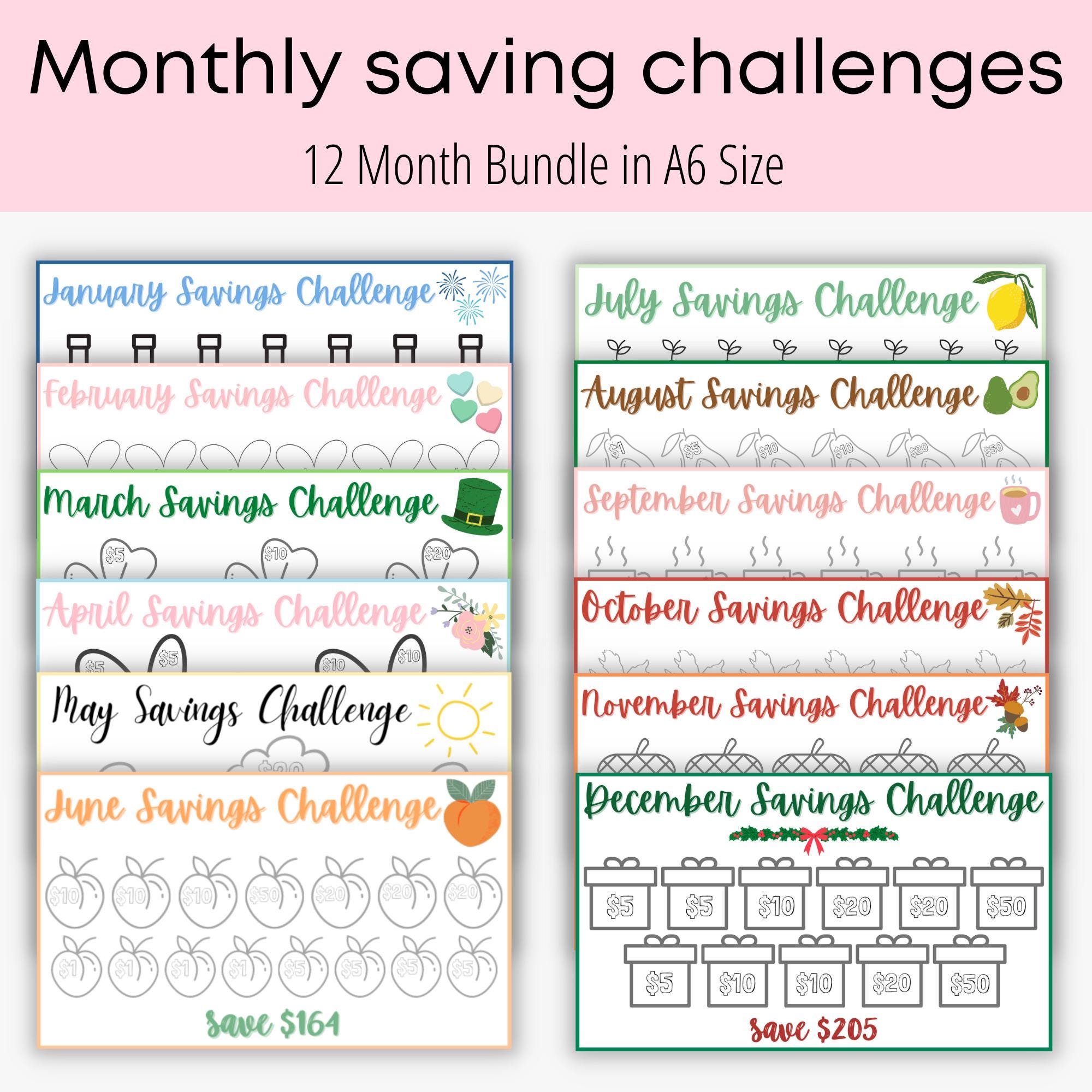 A6 Monthly Mini Savings Challenge 12 Month Bundle | Savings Challenge ...