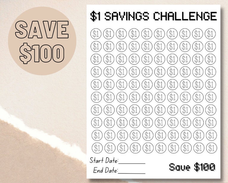 Printable 1 Dollar Savings Challenge, Savings Goal Tracker, 100 Dollar ...