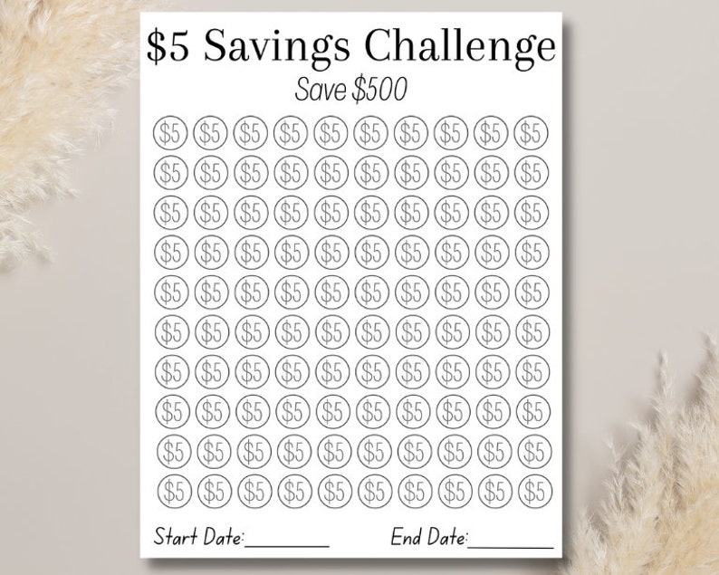 Printable 5 Dollar Savings Challenge, 500 Dollar Savings, Savings Goal ...