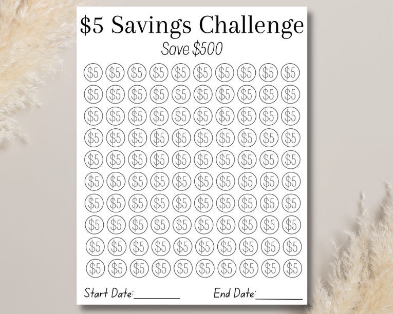Printable 5 Dollar Savings Challenge 500 Dollar Savings - Etsy