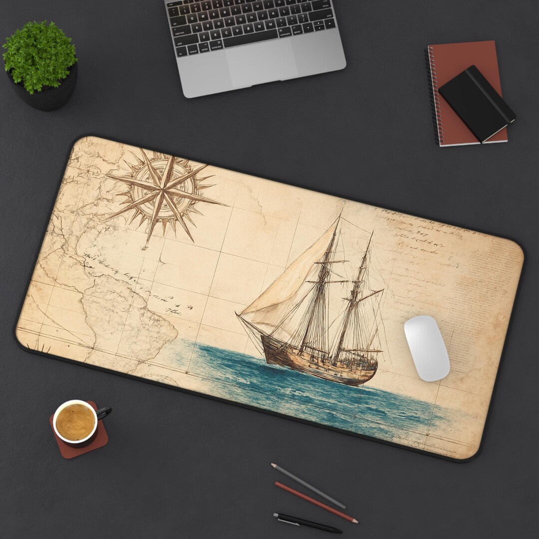 Vintage Nautical Desk Mat: Old World Map With Sailing Ship - Explorer ...