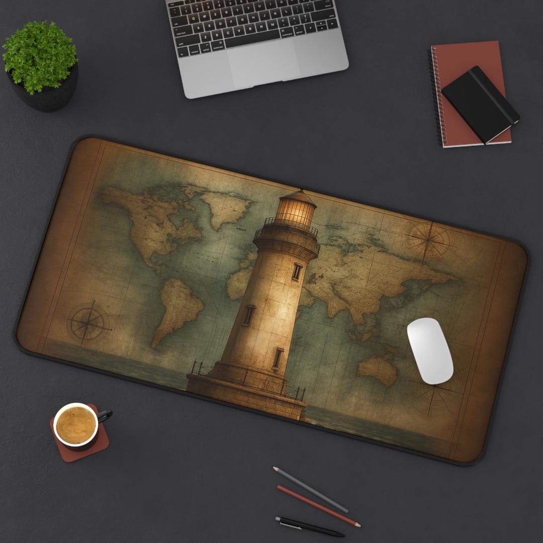 Vintage Lighthouse World Map Desk Mat, Nautical Explorer Mouse Pad ...