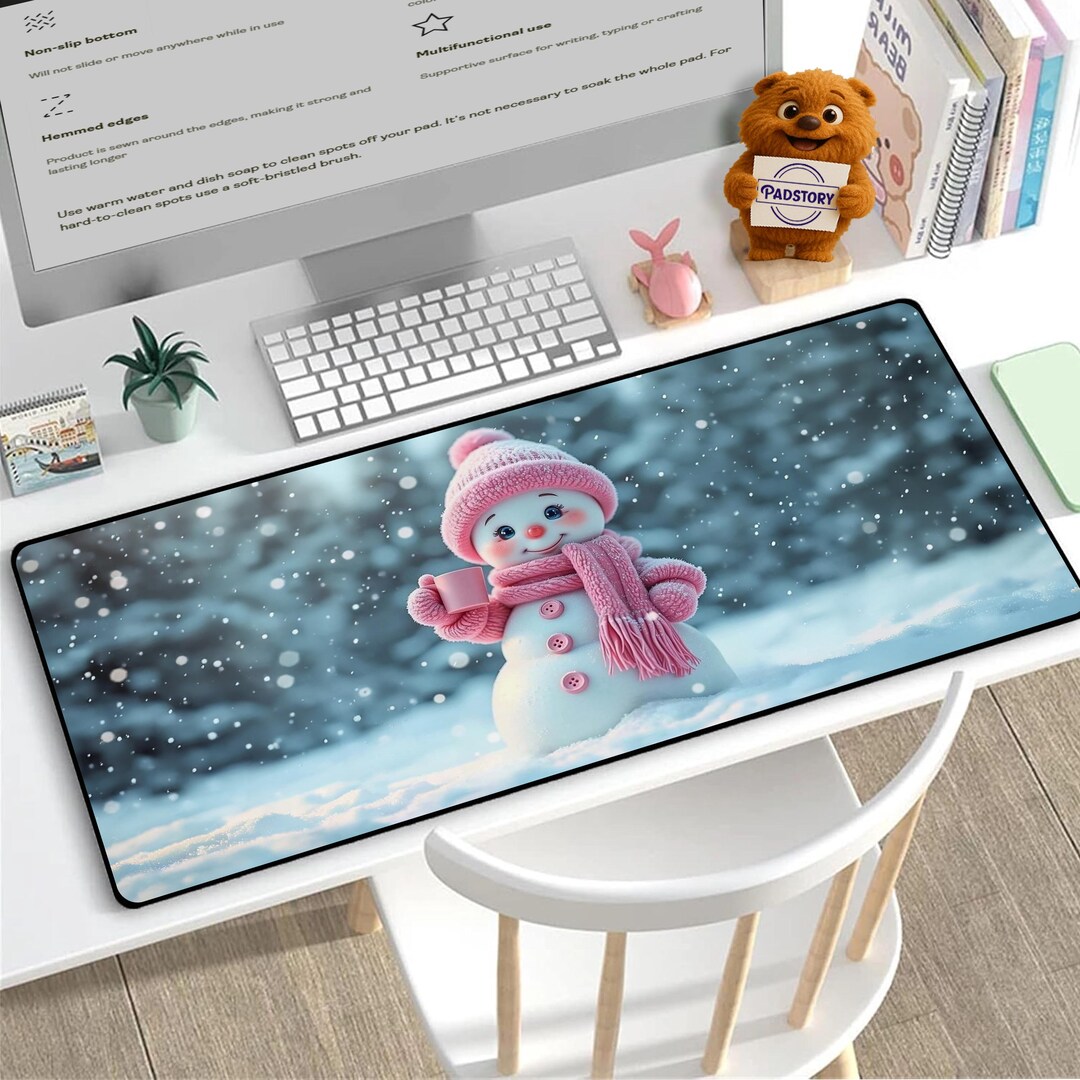 Snowman Desk Mat, Winter Mouse Pad, Cute Pink Snowman Art, Cozy ...
